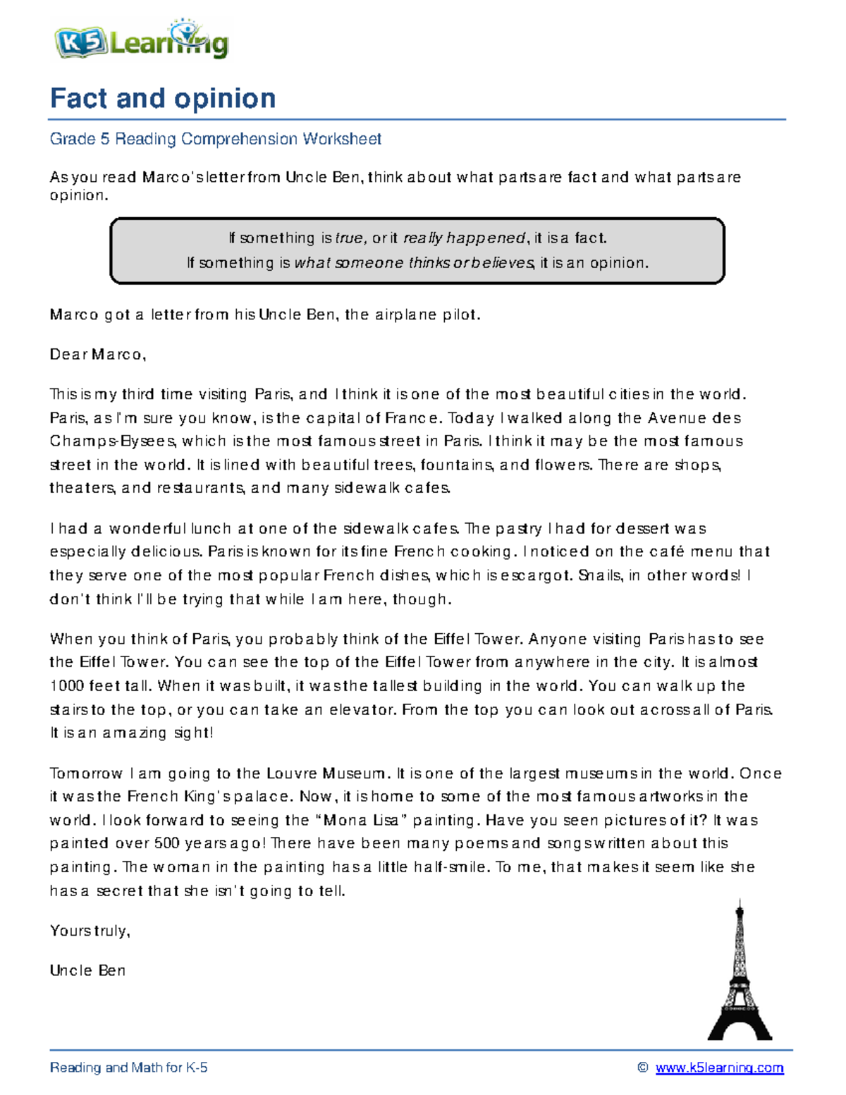 Grade 5 Reading Comprehension: Fact vs. Opinion Worksheet - Studocu