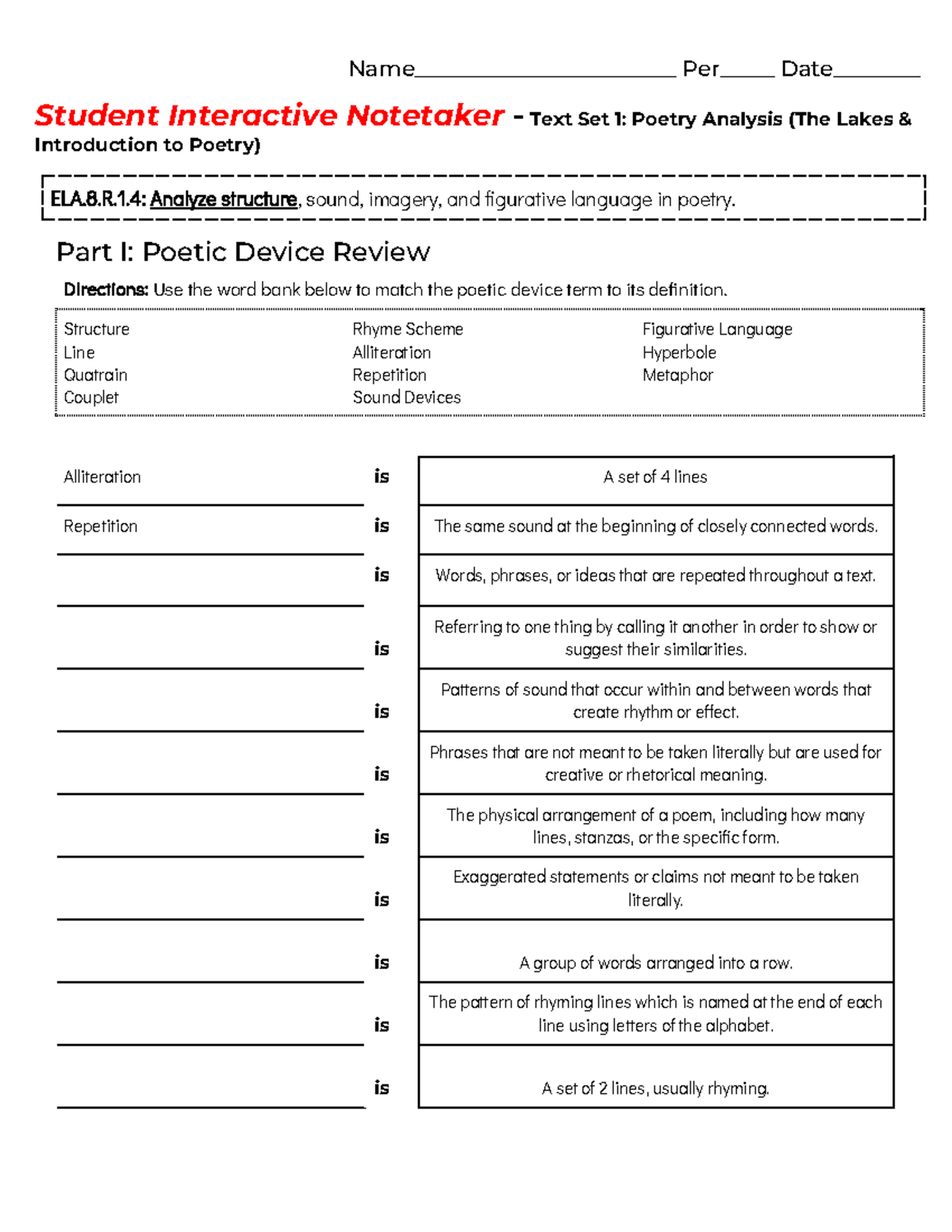 ELA.8 Poetry Analysis: "The Lakes" & "Introduction to Poetry" Notes ...