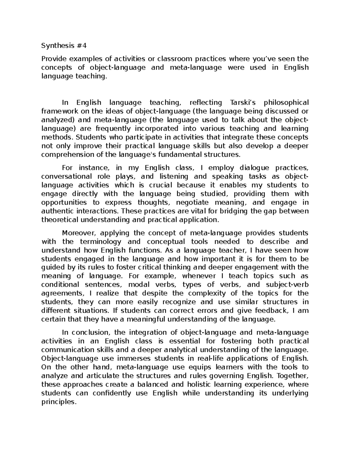 Synthesis #4 - Synthesis # Provide examples of activities or classroom ...