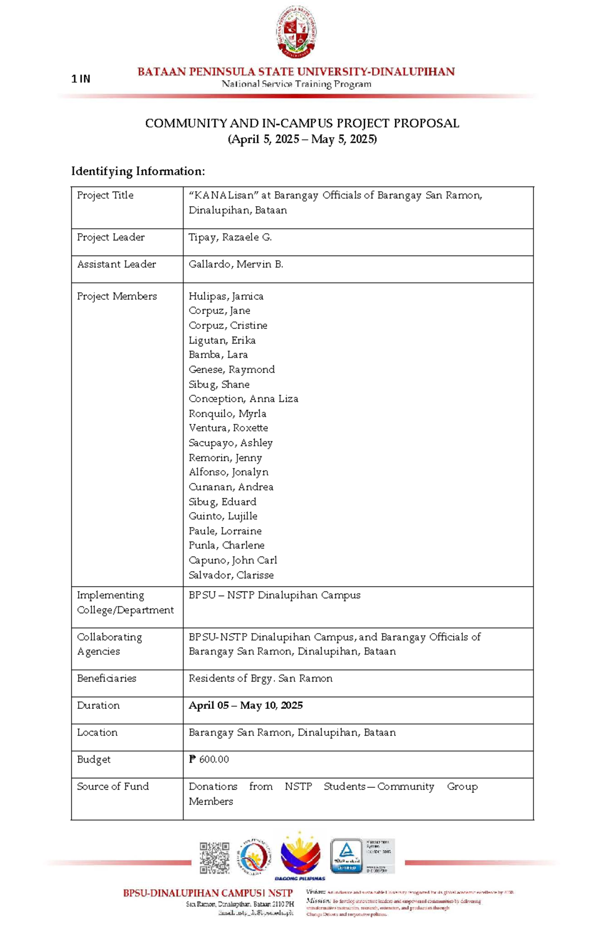 Community project proposal for barangay San Ramon (NSTP 1 IN) - Studocu