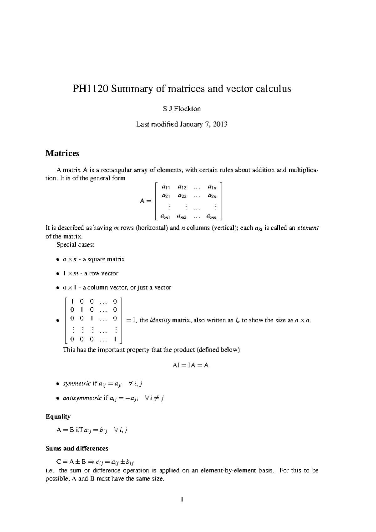 PH1120 Matrices and Vector Calculus Course Notes Summary - Studocu