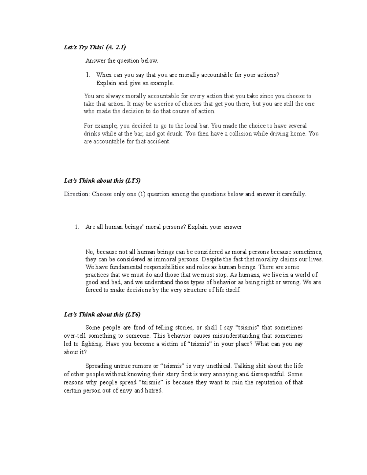 Lesson 2: Ethics Activity – Moral Accountability and Decision Making ...