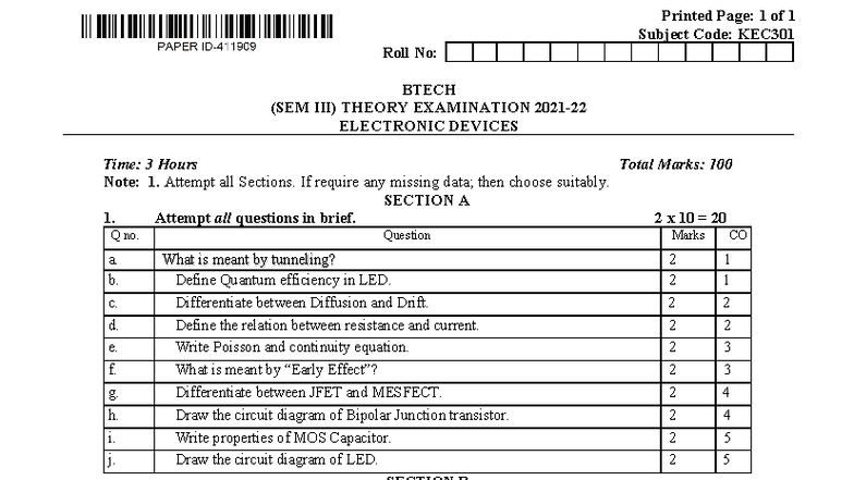 Electronic Devices Exam Questions (KEC301) - BTech Sem III 2021-22 - Studocu