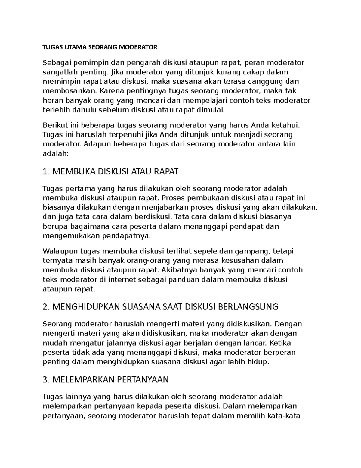 Tugas Utama Moderator dalam Diskusi dan Rapat: Panduan Lengkap - Studocu