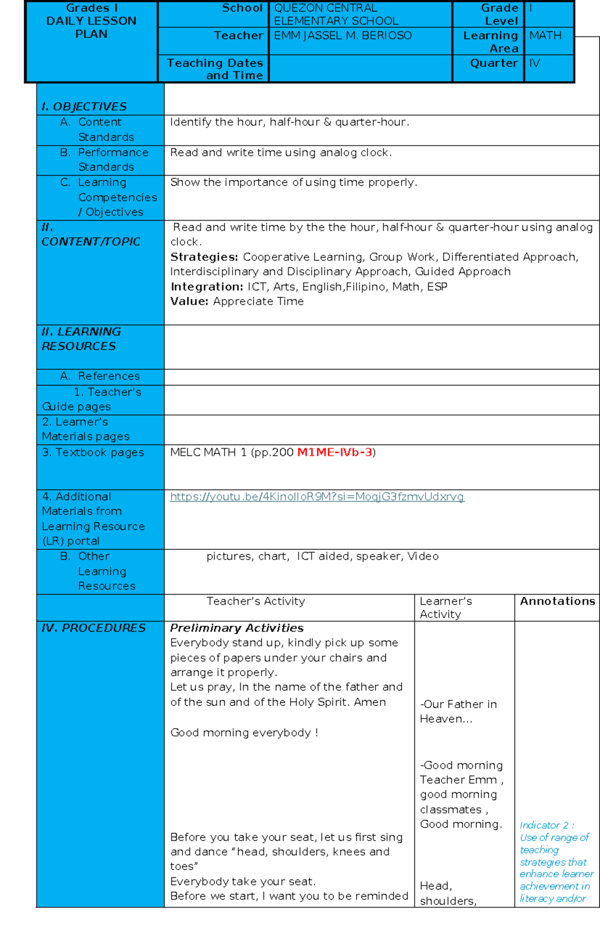 Grade I COT - Daily Lesson Plan on Time and Numeracy Skills - Studocu