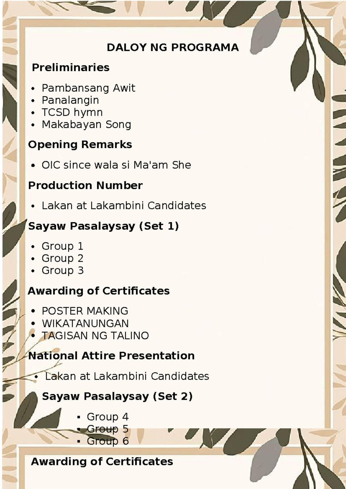 Daloy ng Programa: Preliminaries and Awards Ceremony - Studocu