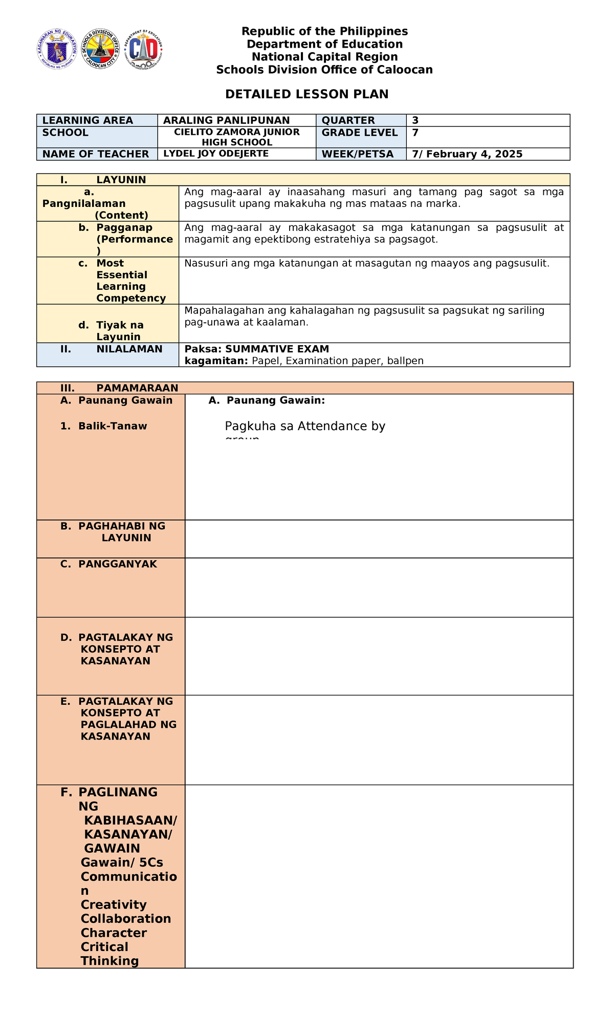 AP7 L7 DLP 3RDQ Feb - Detailed Lesson Plan for Summative Exam - Studocu