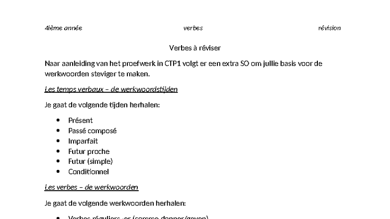Révision des Verbes pour CTP1 - 4ième Année - Studeersnel