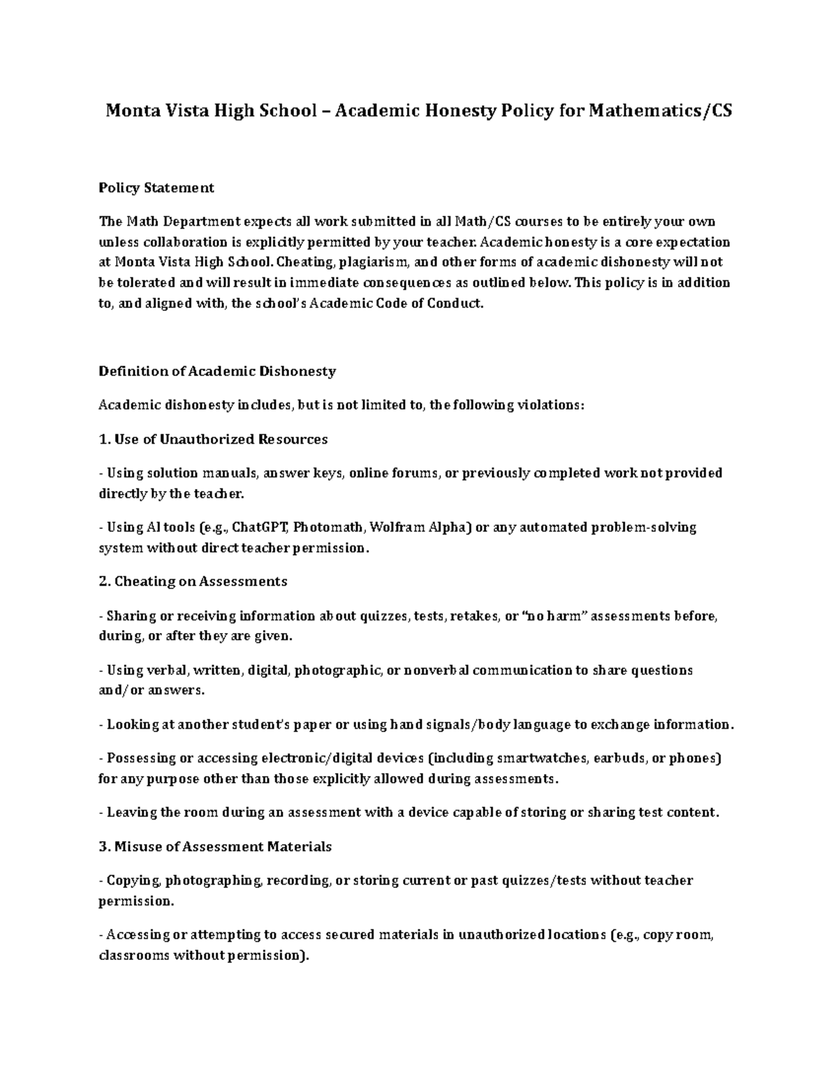 Monta Vista High School Academic Honesty Policy for Math/CS Courses ...
