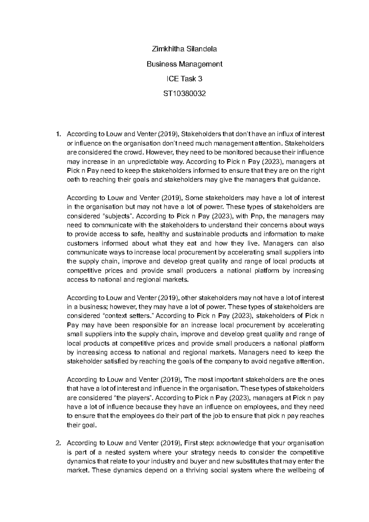 Business Management 3A ICE Task 3: Stakeholder Influence & Strategies - Studocu