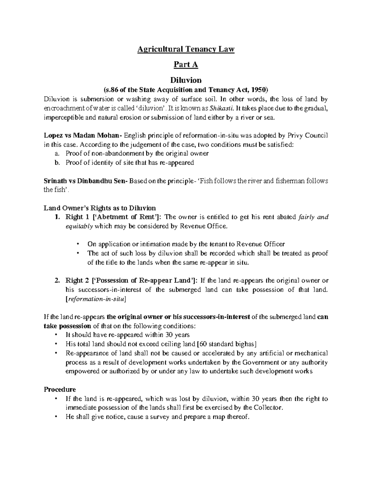 Agricultural Tenancy Law Notes - SAT 1950 Overview and Key Principles ...