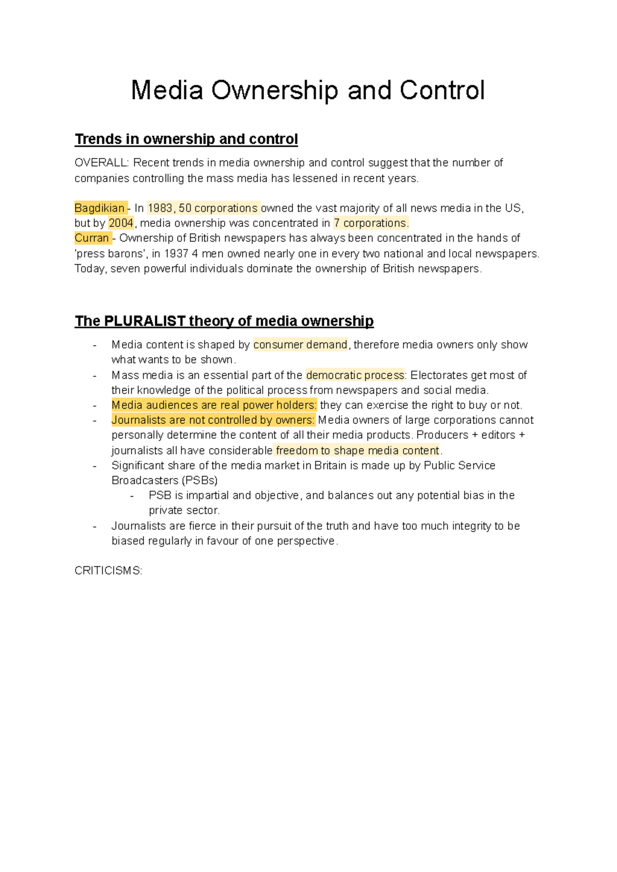 Media Ownership & Control: Trends and Pluralist Theory Insights - Studocu