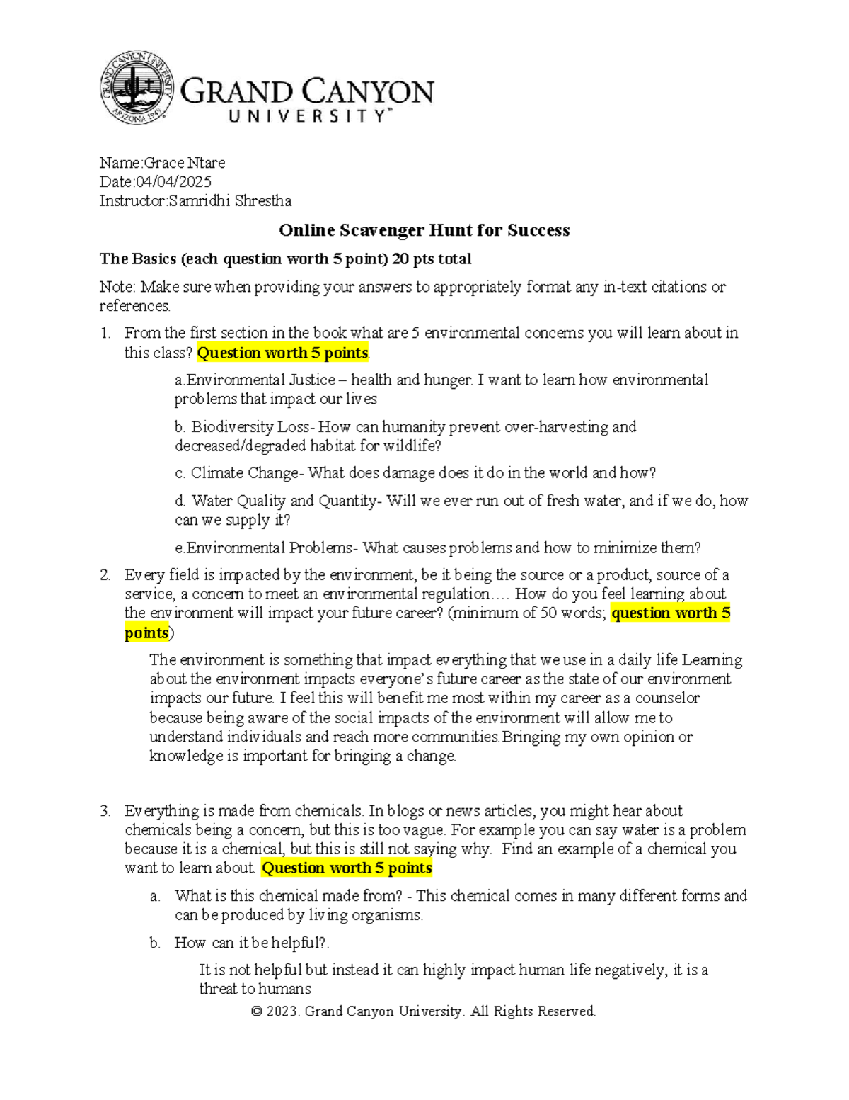 BIO 220 RS Online Scavenger Hunt For Success Resource - Name:Grace ...