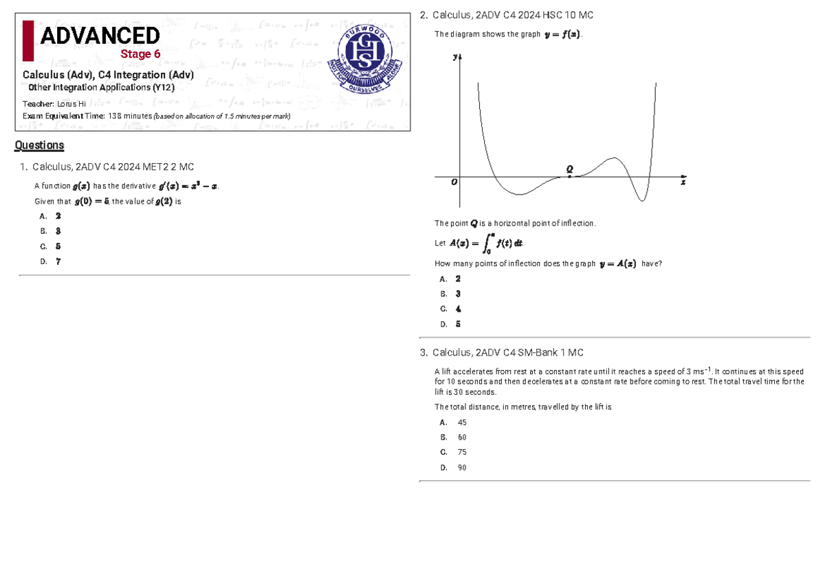 Rates of Change - Topic Test for Calculus 2ADV C4 2024 HSC - Studocu