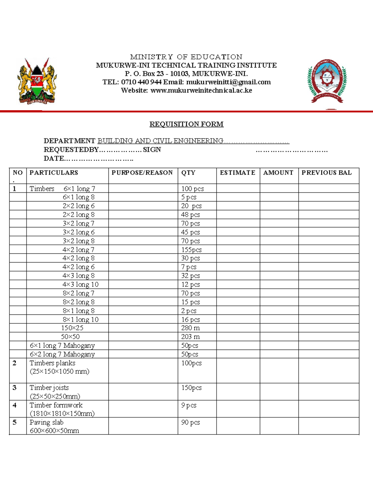 Consolidated Requisition Form for Building & Civil Dept. - Studocu