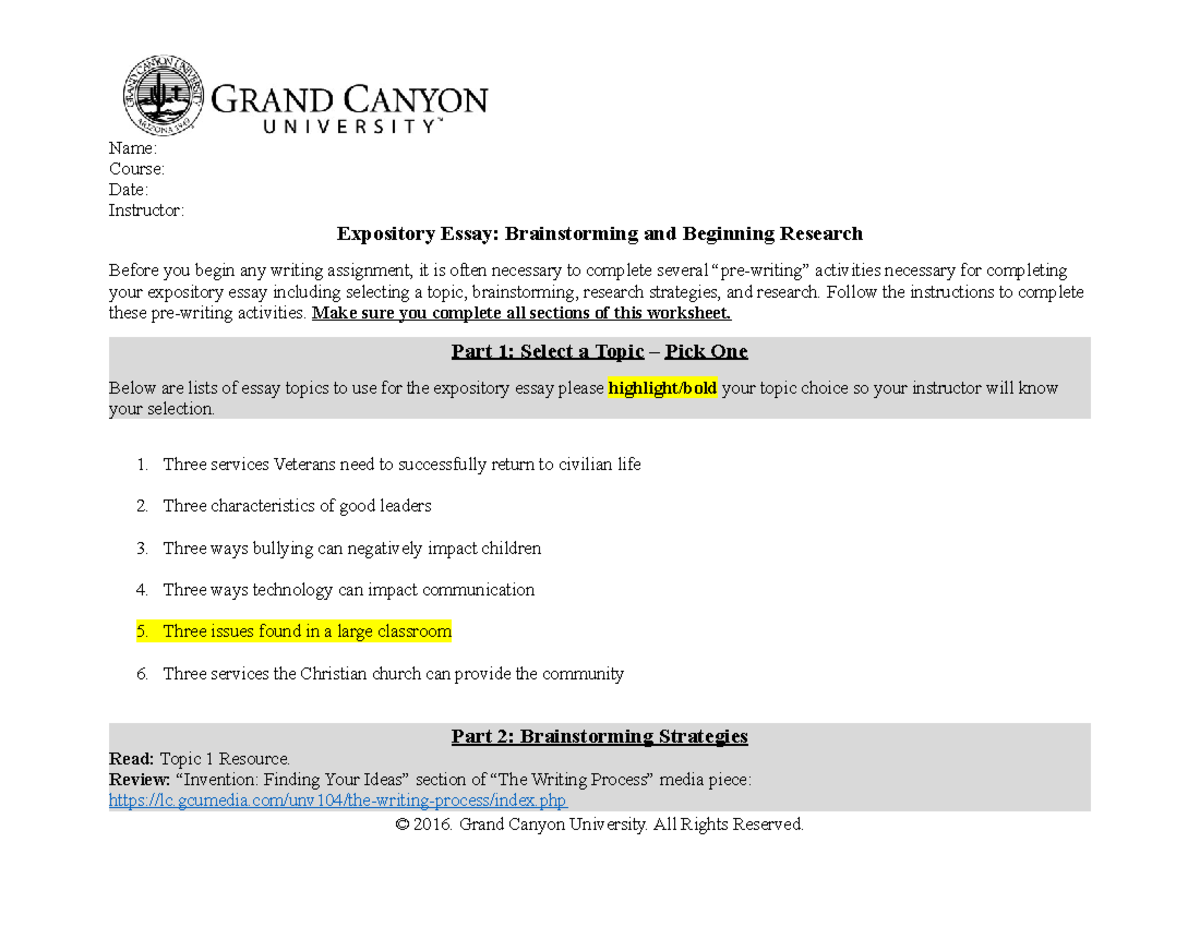 UNV-104 T1 Expository Essay: Pre-Writing Activities Worksheet - Studocu
