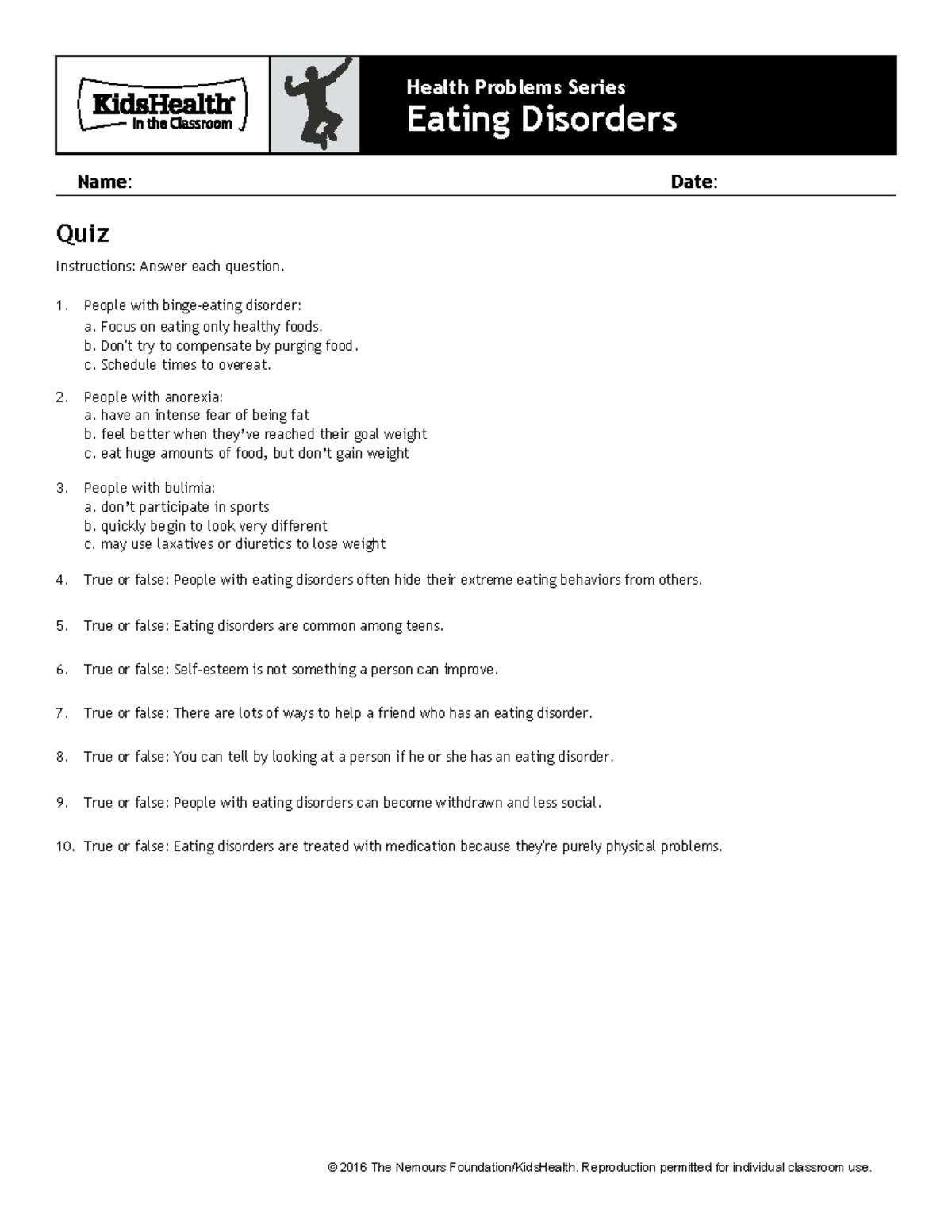 Eating Disorders Quiz for Health Module - College Course - Studocu