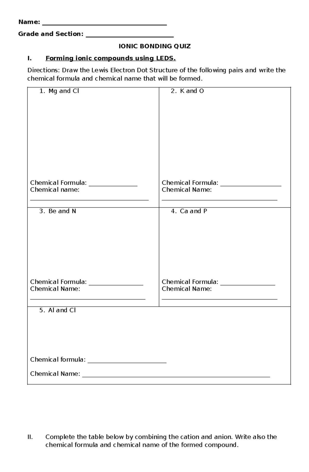 IONIC BONDING QUIZ I: Lewis Structures & Chemical Formulas - Studocu
