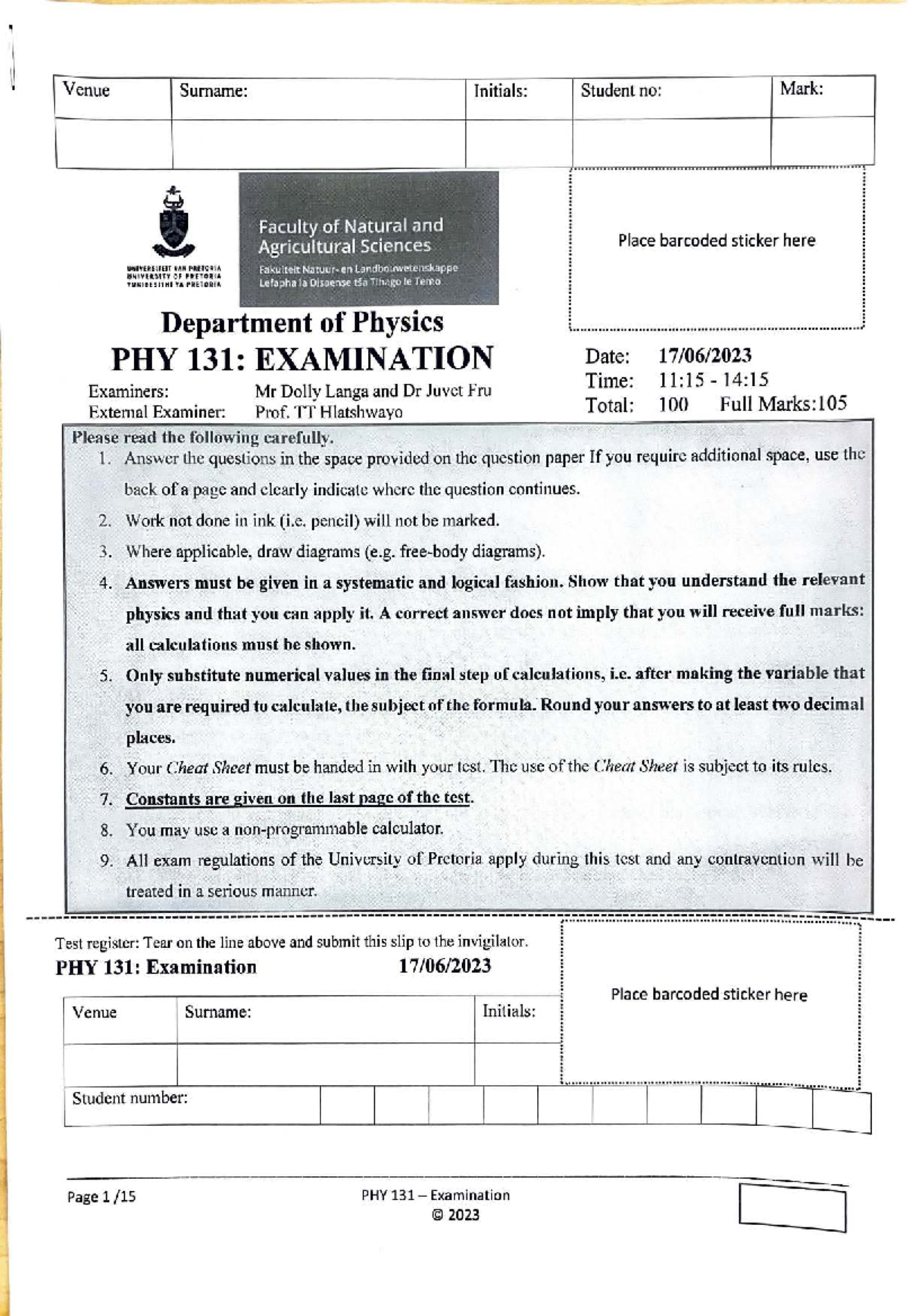 PHY 131: 2023 Examination Guidelines and Questions - Studocu