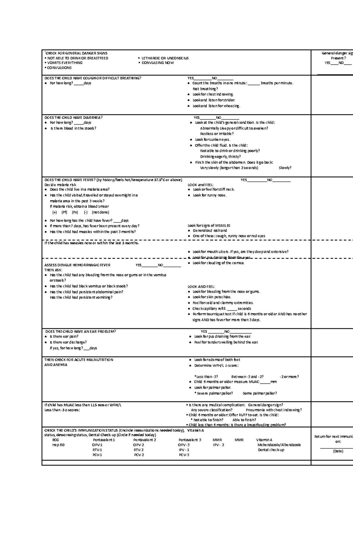IMCI Management Form (Sick Child) - General Danger Signs Assessment ...