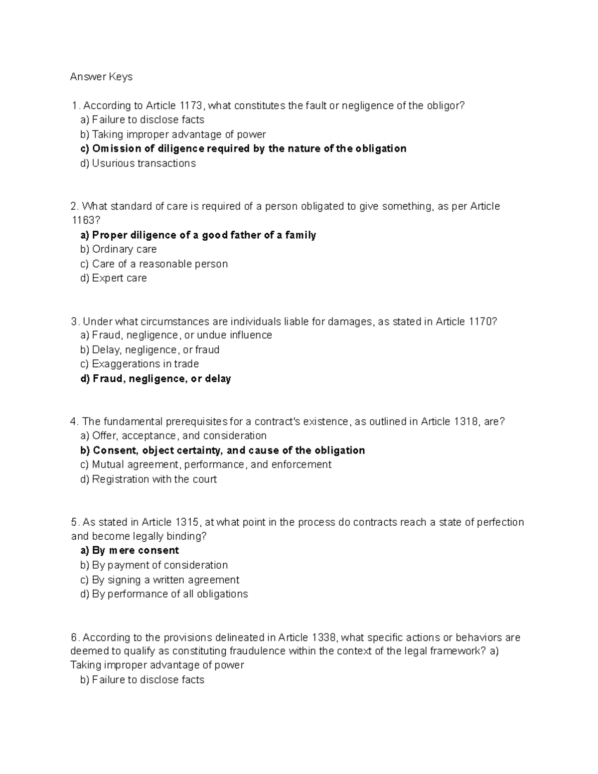 Answer Keys RA 386 - Answer Keys According to Article 1173, what ...
