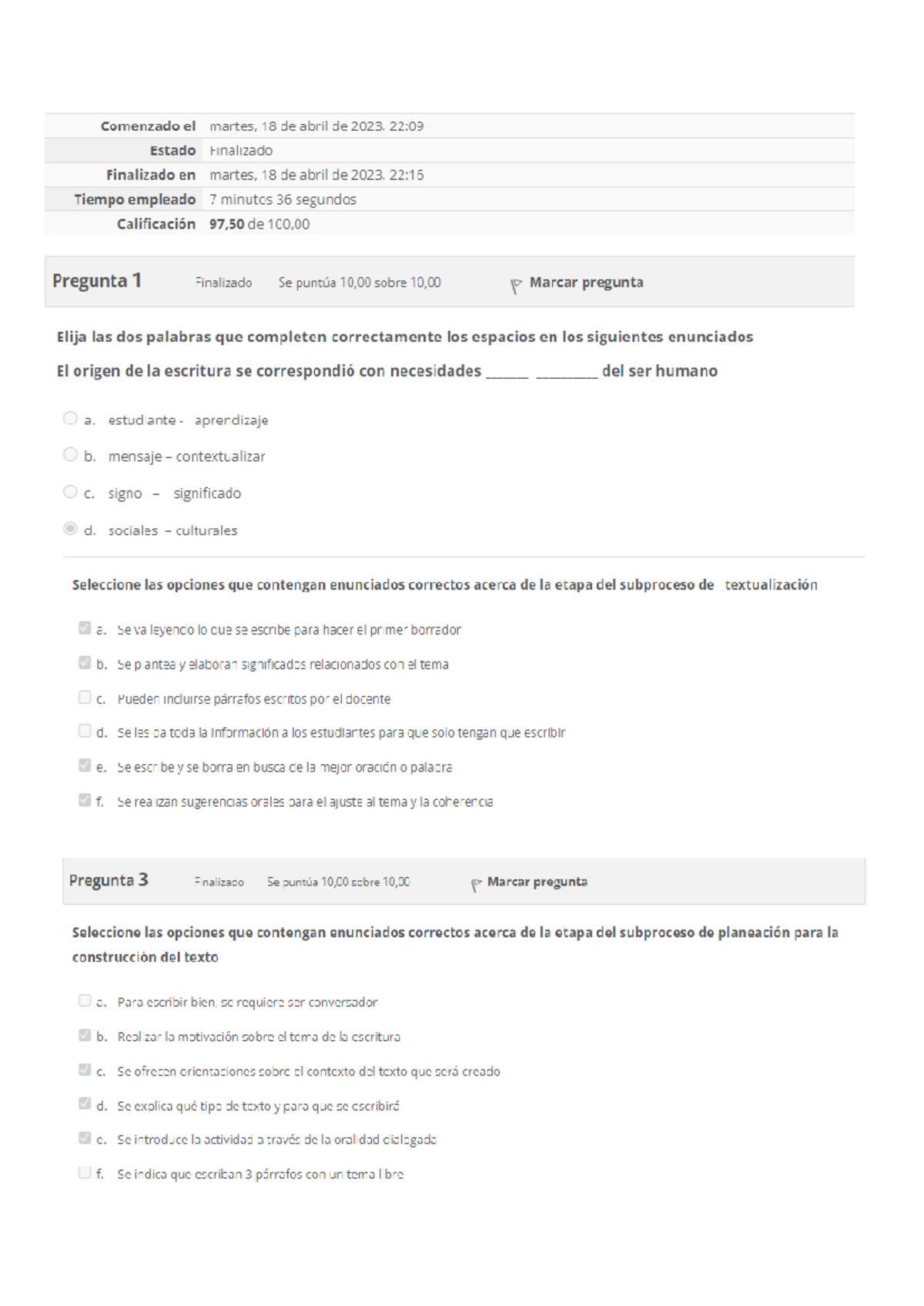 Cuestionario #4 en Didáctica: Evaluación de la Escritura y ...