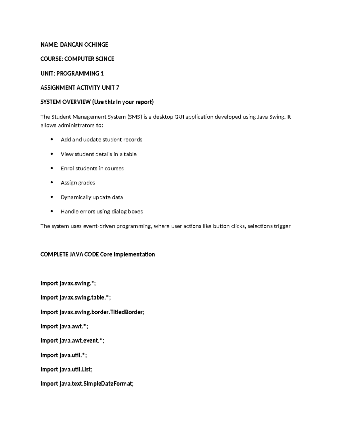 Programming 1 Assignment (CS101): Student Management System Overview - Studocu