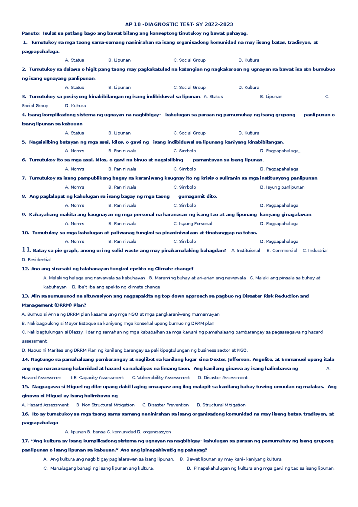 AP10-Diagnostic Test for SY 2022-2023: Concepts and Applications - Studocu