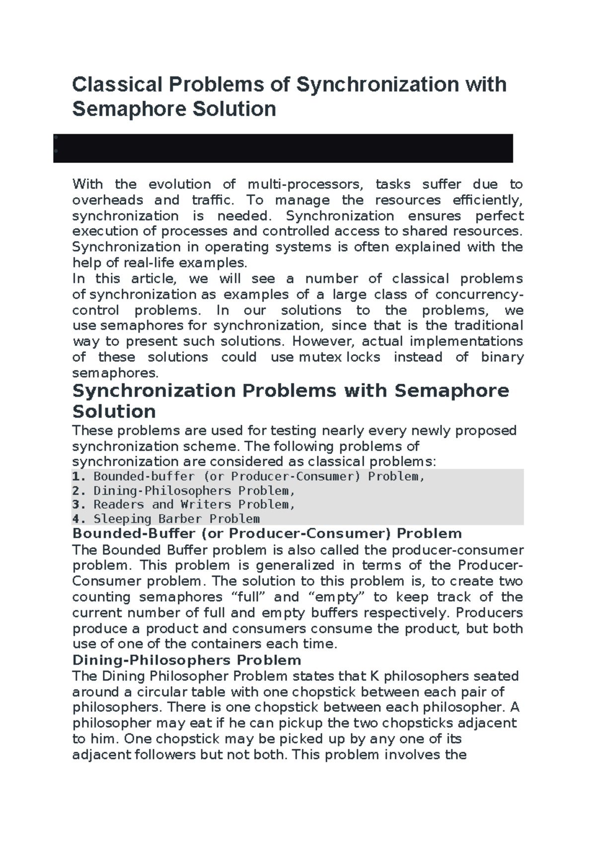 Classical Problems of Synchronization with Semaphore Solution - Classical Problems of - Studocu