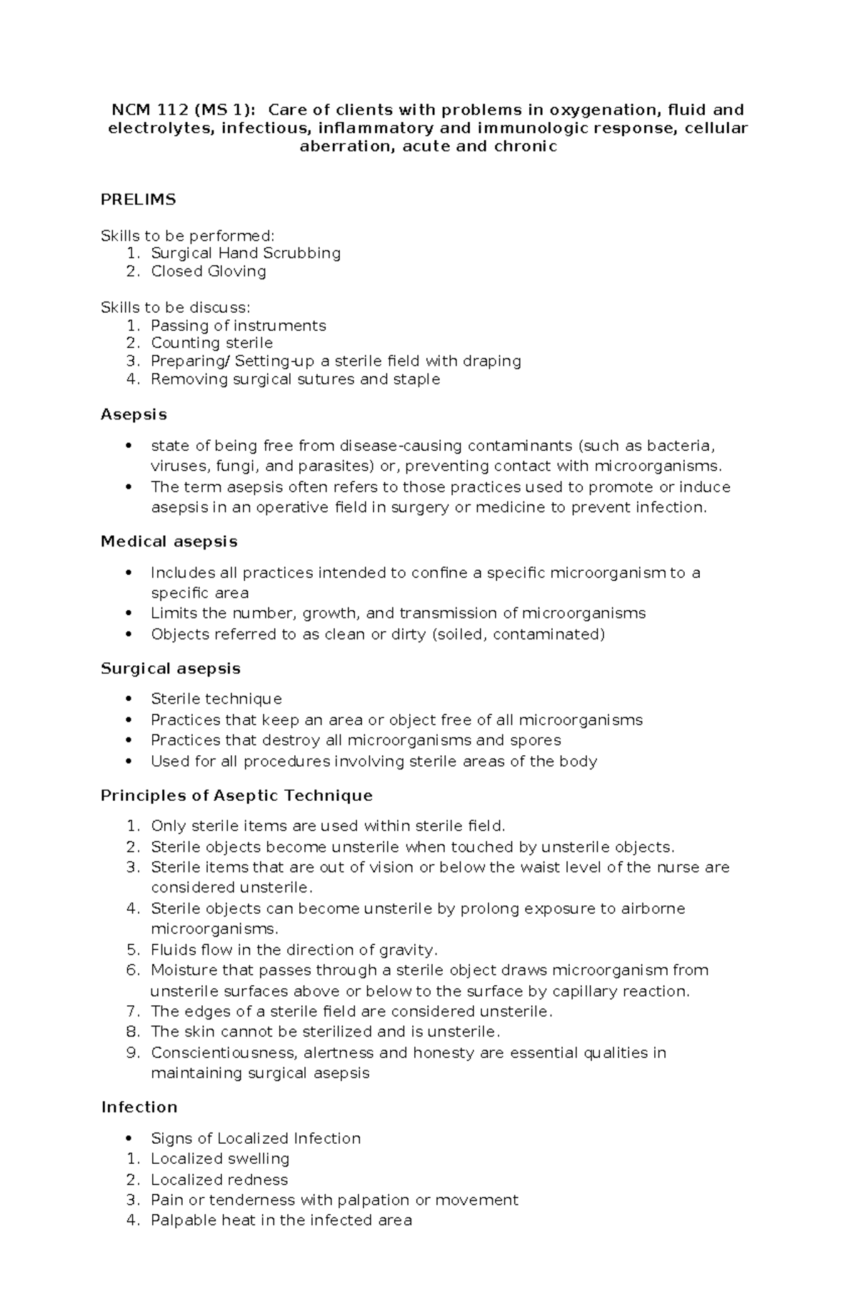 NCM 112 LAB 2022: Asepsis and Infection Control Skills Review - Studocu