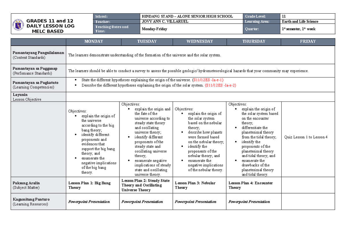 Lesson Plan for Earth and Life Science (Grades 11-12) - Studocu
