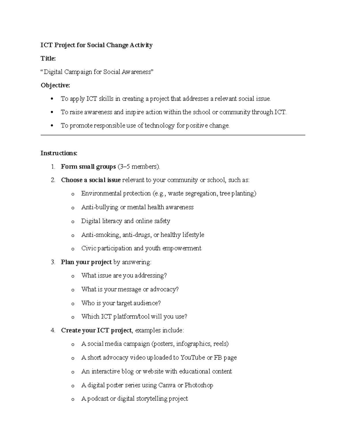 ICT Project for Social Change: Campaign for Social Awareness - Studocu