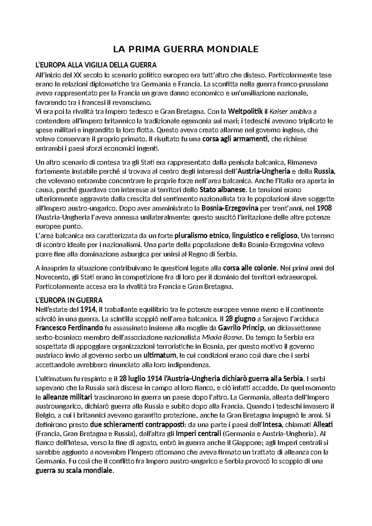 LA PRIMA GUERRA MONDIALE: SCENARI E SVOLTE (STORIA 101) - Studocu