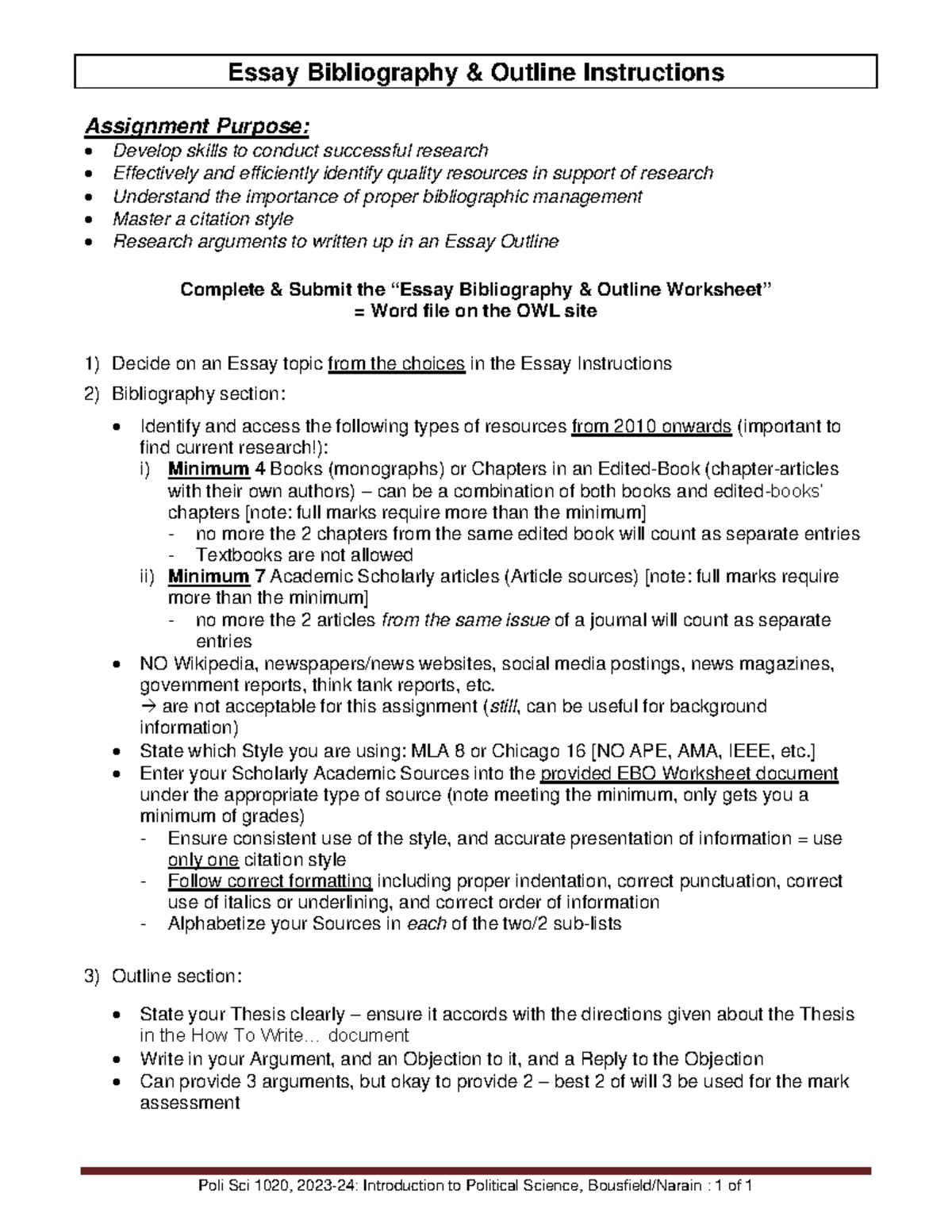 Poli Sci 1020 Essay Bibliography & Outline Instructions Guide - Studocu