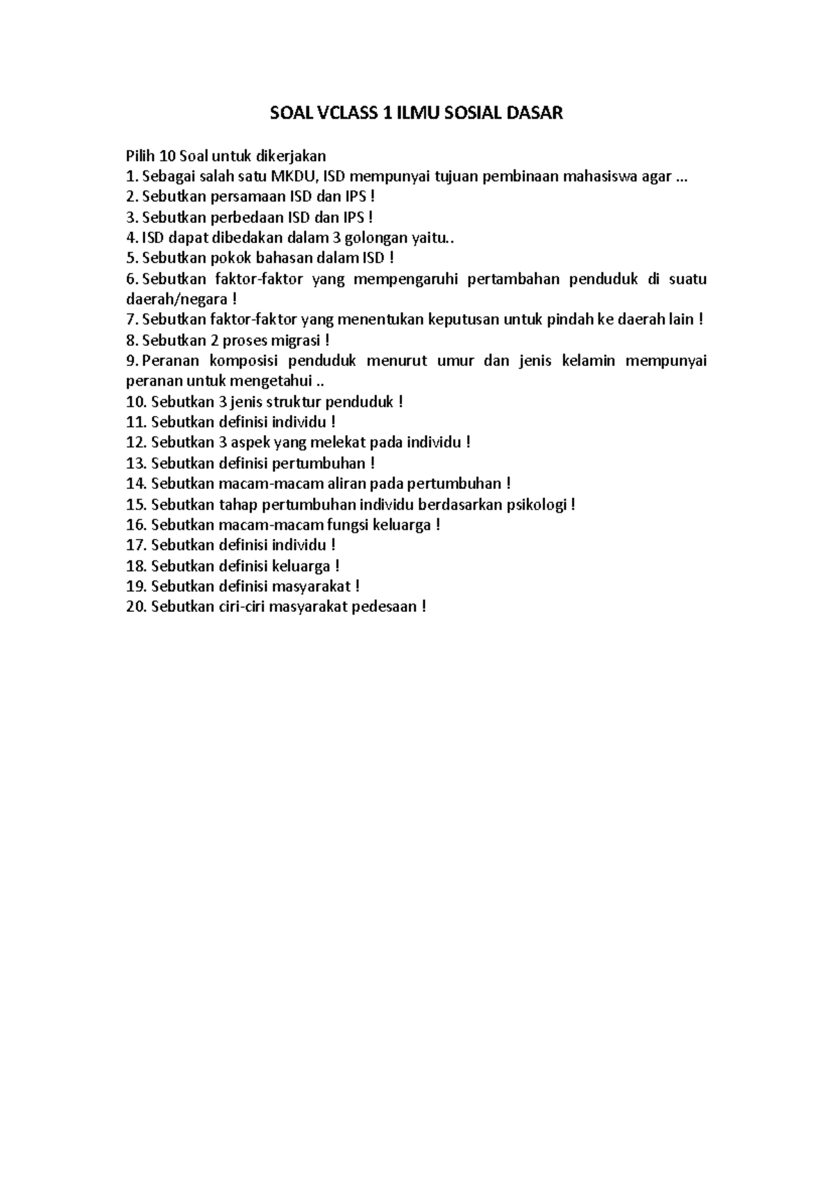 Assignment to VClass 1 - awdaaasg - SOAL VCLASS 1 ILMU SOSIAL DASAR ...