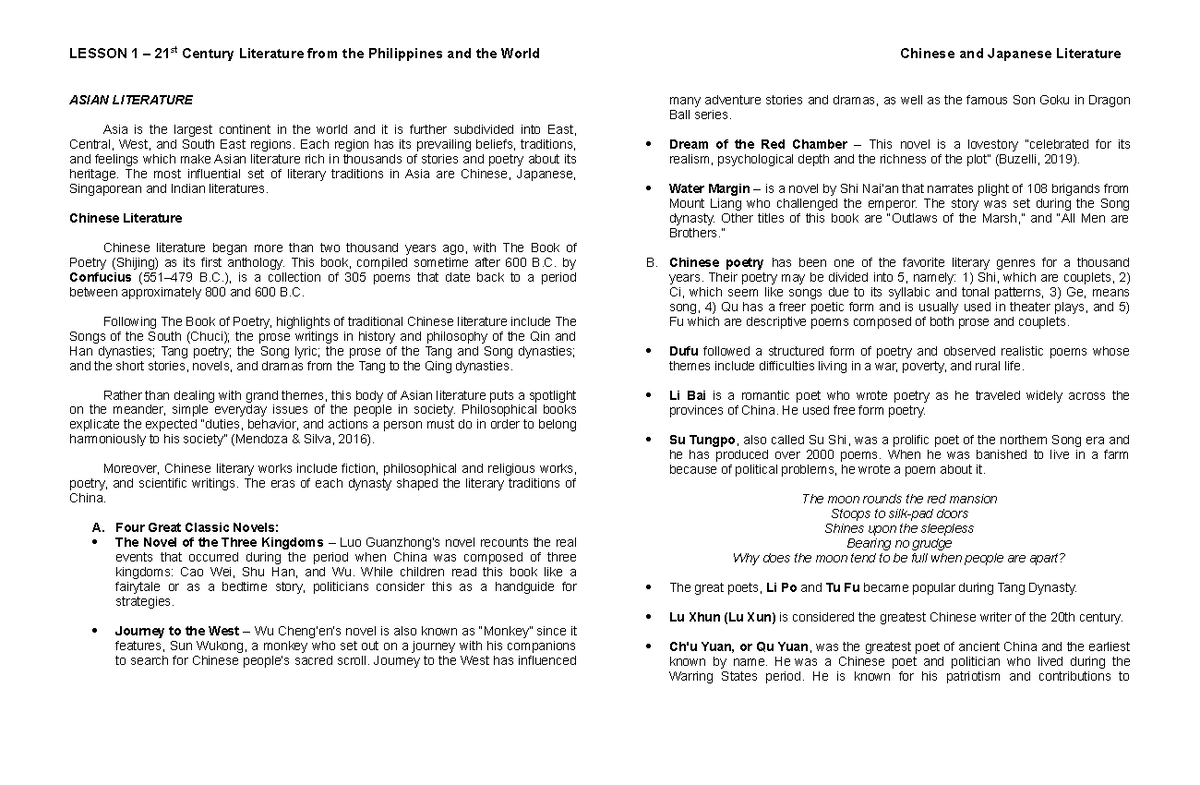 Q2- Lesson 1 Chinese and Japanese Literature - ASIAN LITERATURE Asia is ...