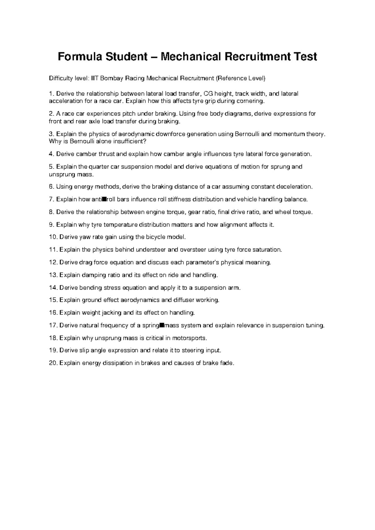 Formula Student Mechanical Recruitment Test: Long Questions & Solutions ...