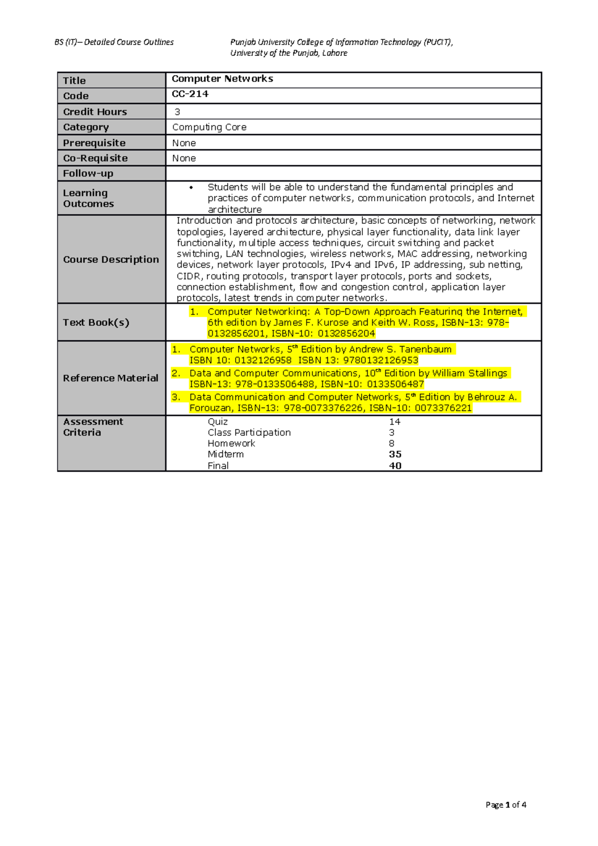 CC-214 Computer Networks-course outline - University of the Punjab ...