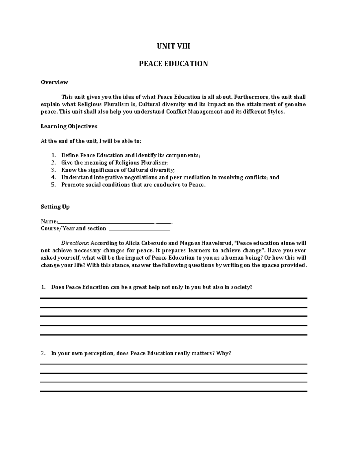 NSTP 1 UNIT 8 Learning Module on Peace Education and Diversity - Studocu