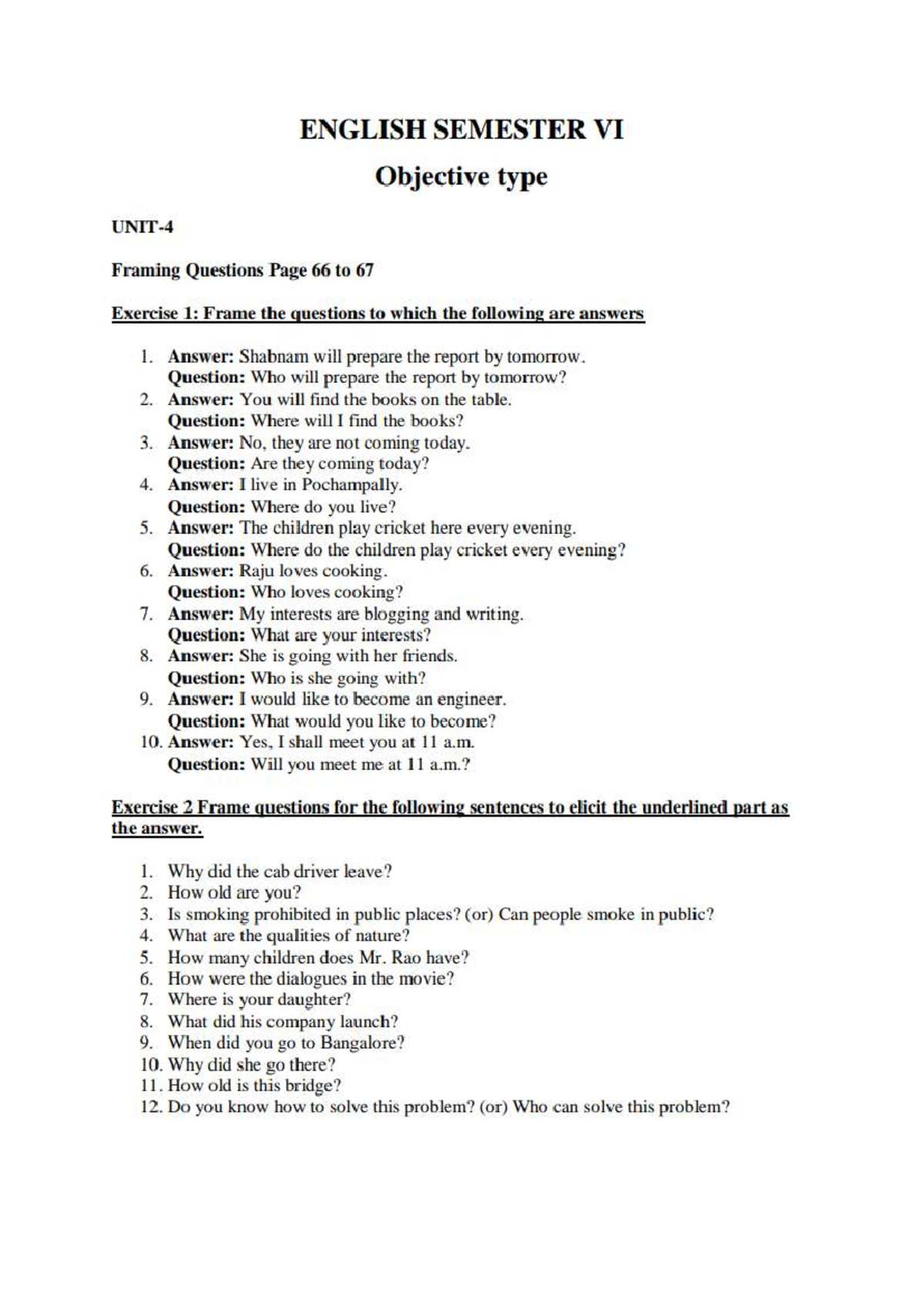 English Express Sem 6 Objective Type Questions and Exercises - Studocu