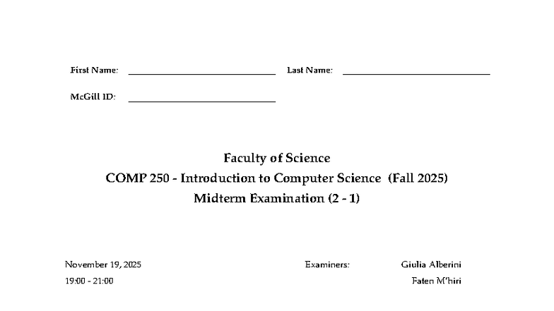 COMP 250 Fall 2025 Midterm Exam Instructions and Questions - Studocu