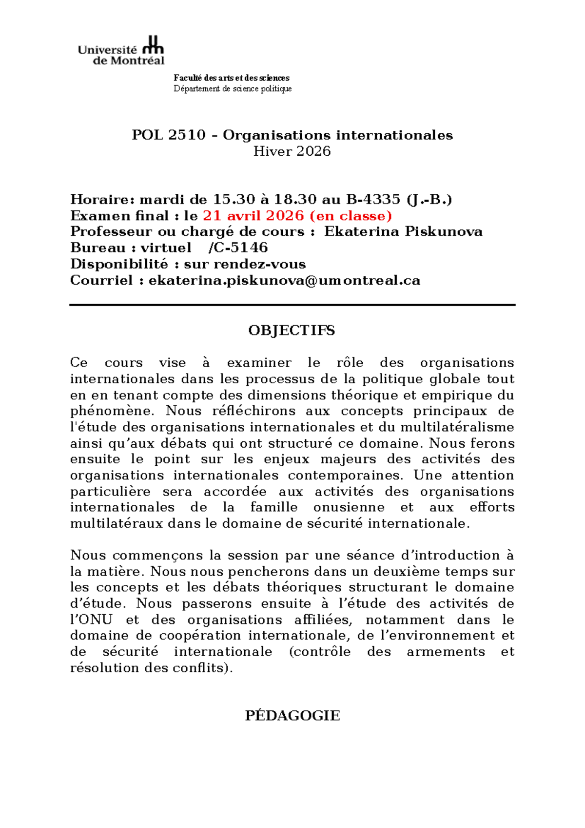 Plan de cours POL 2510 : Organisations Internationales - Hiver 2026 ...