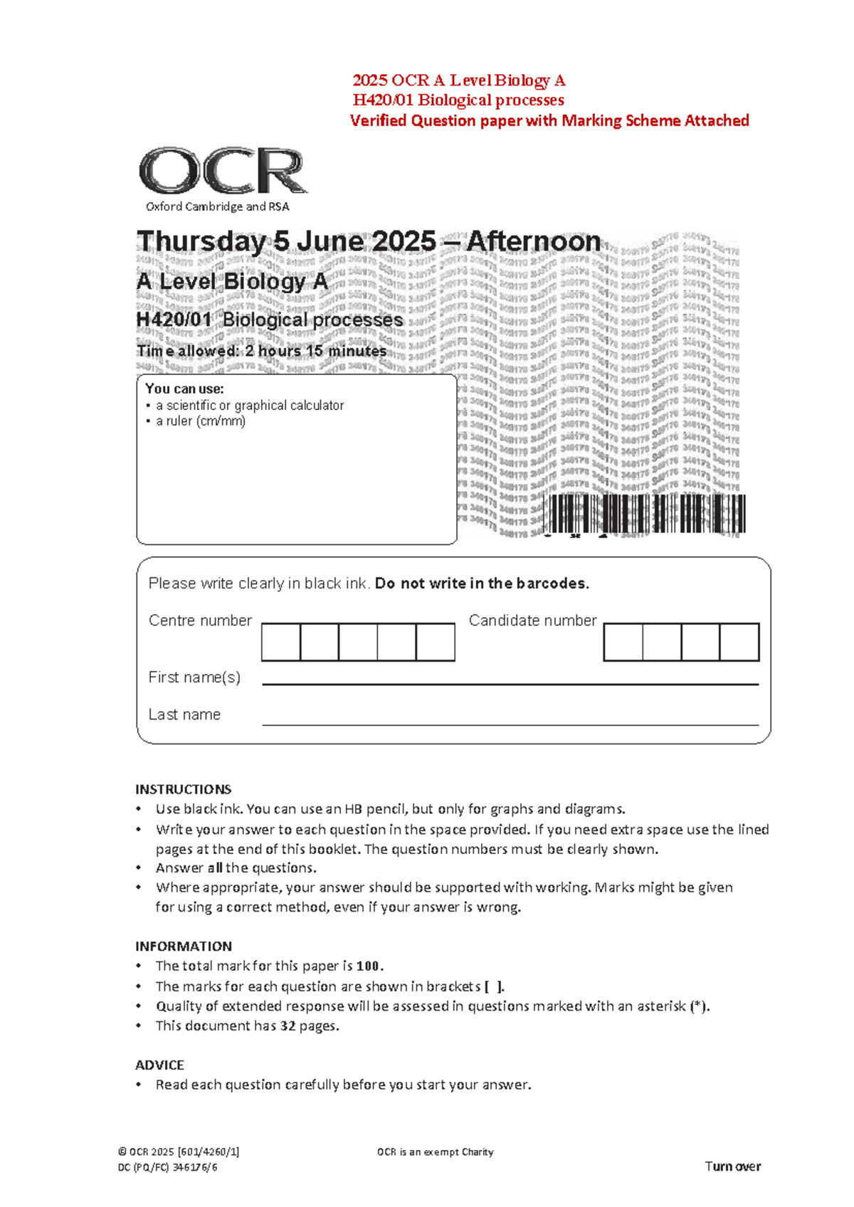 A Level Biology A (OCR 2025) Verified Question Paper with Marking ...