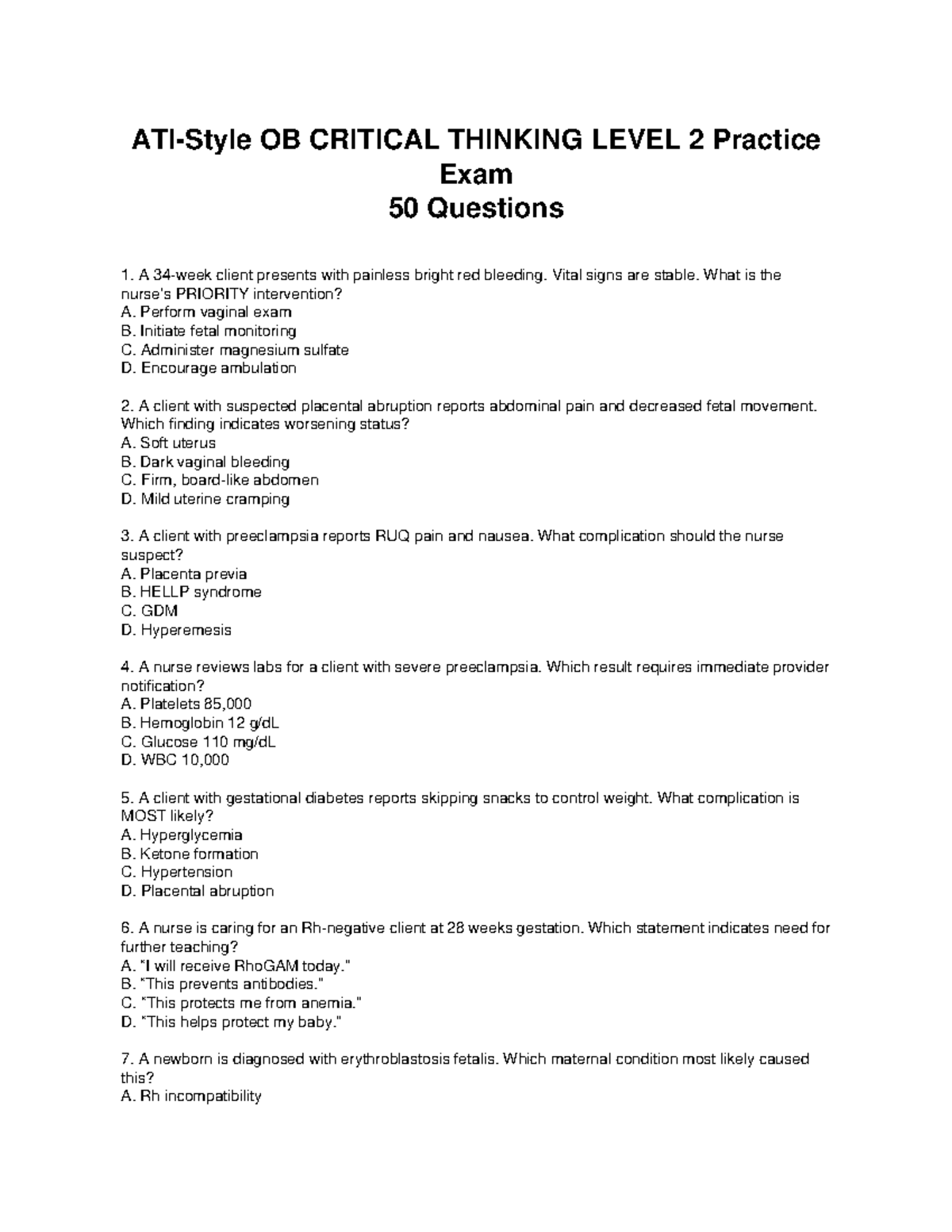 ATI OB 50 Question Critical Thinking Level 2 Practice Exam - Studocu