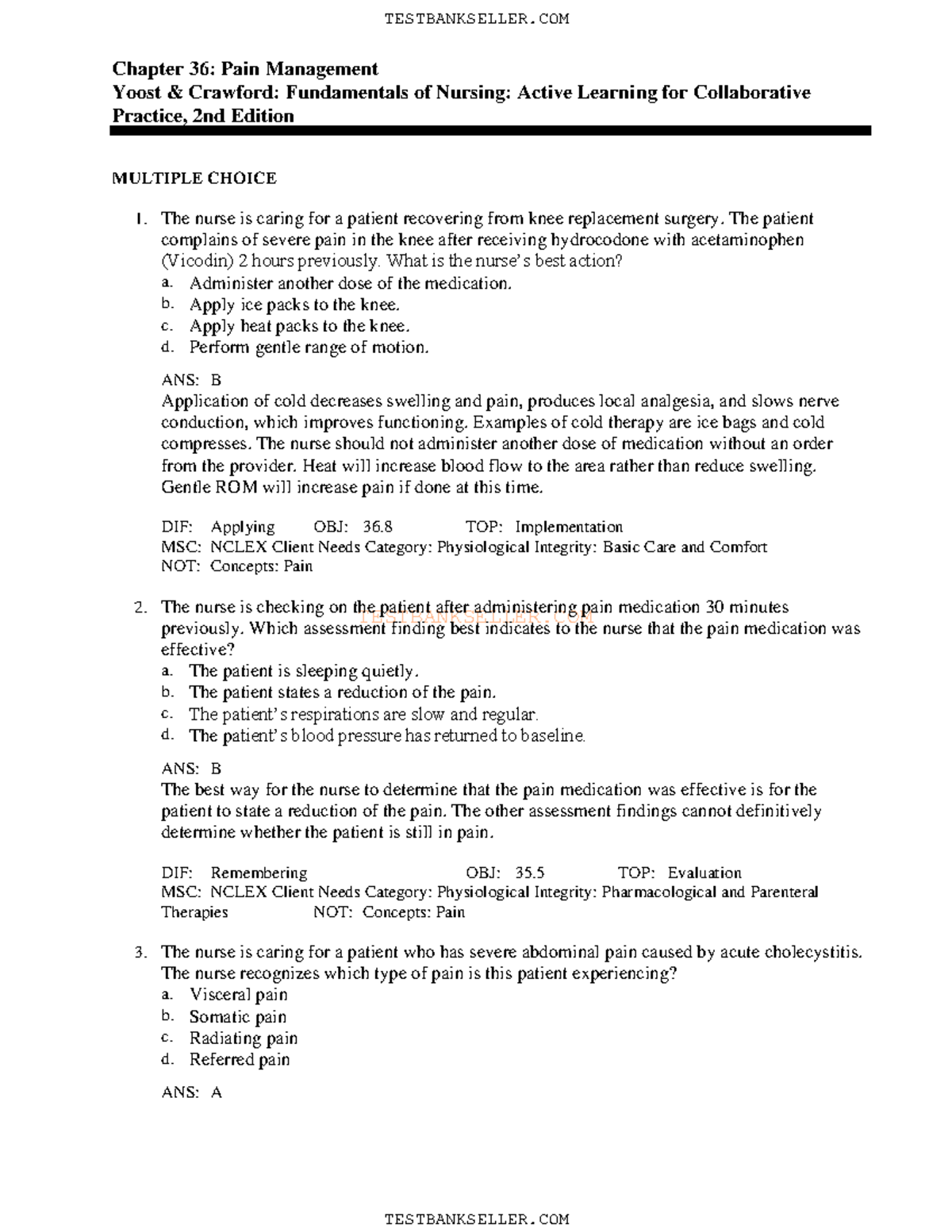 Revised Title: 36NSG 3130 Pain Management Test Bank Questions and ...