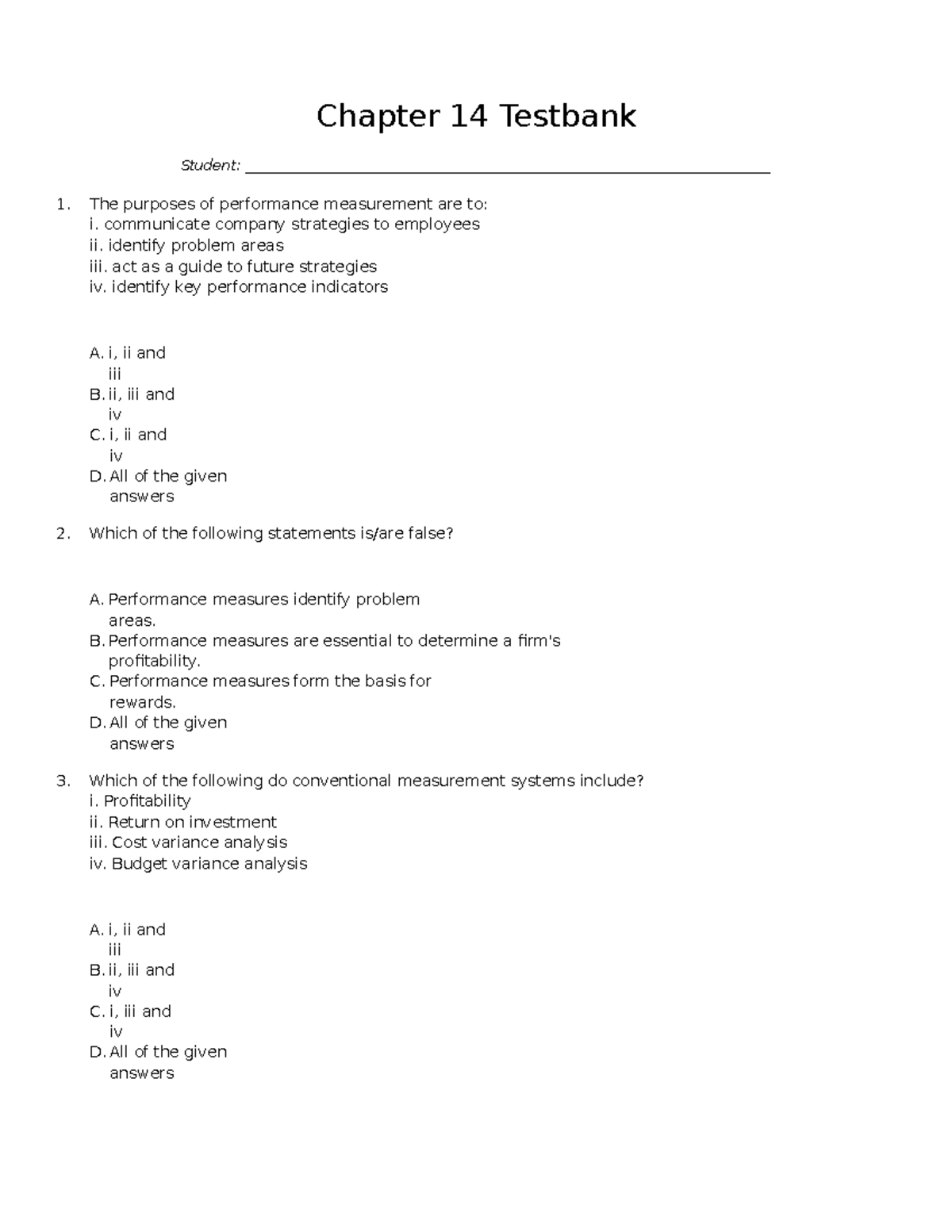 Chapter 14 Testbank: Key Performance Measurements and Evaluations - Studocu