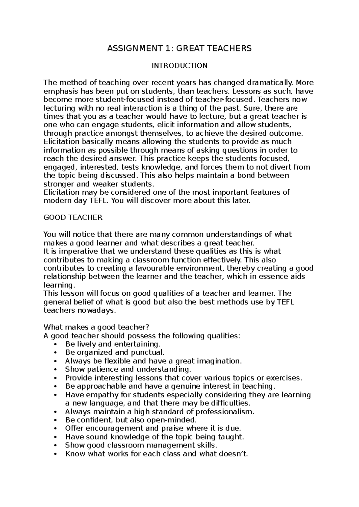 Assignment 1: Exploring Characteristics of Great Teachers in TEFL - Studocu