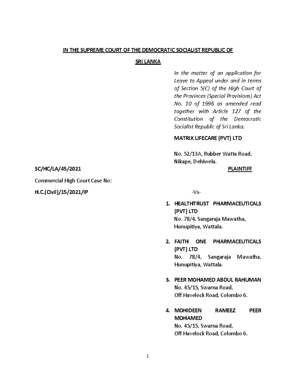 SC Leave to Appeal No. 30: Inoka Gallage v. Kamal Addararachchi Case ...