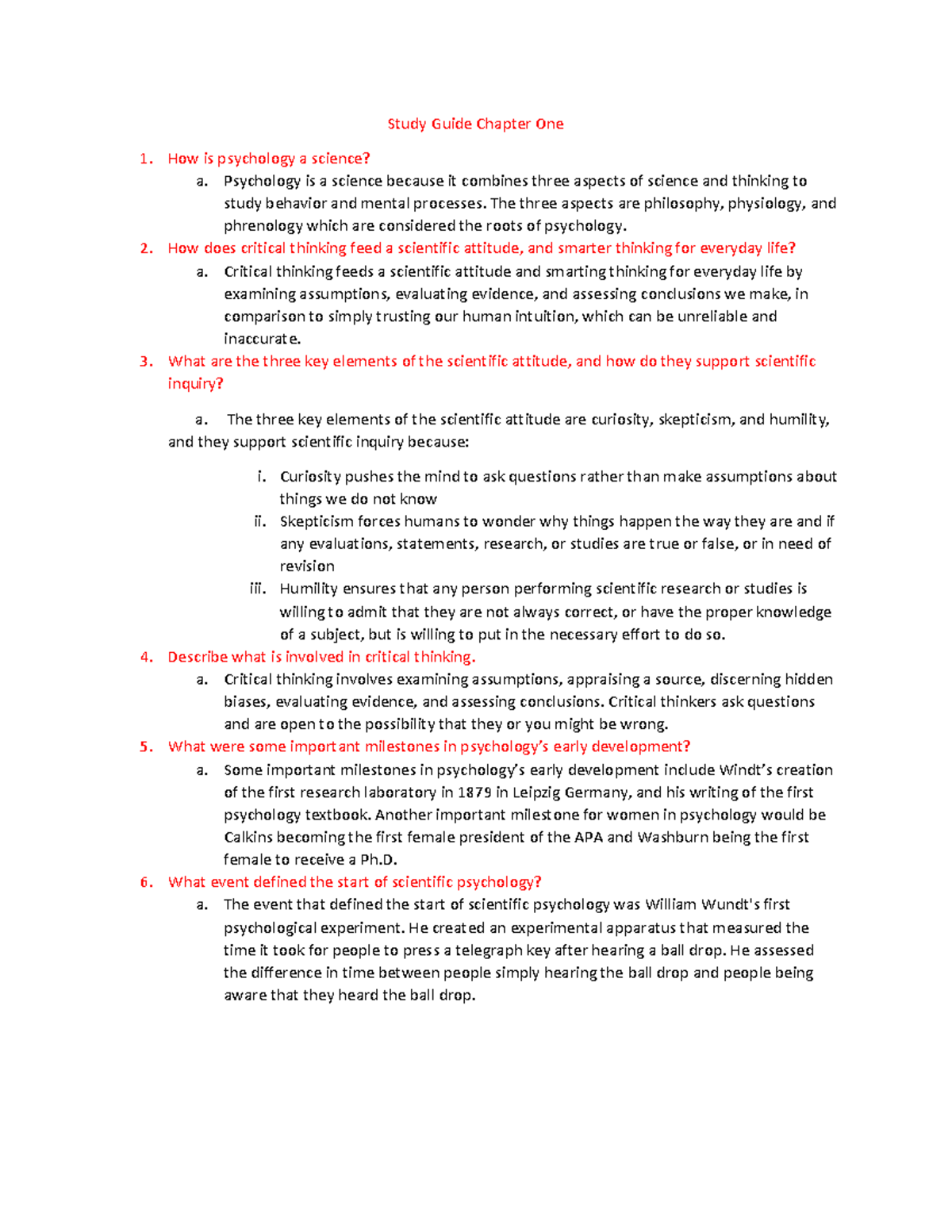 Study Guide Ch. 1 PSY 001 - Study Guide Chapter One How is psychology a ...