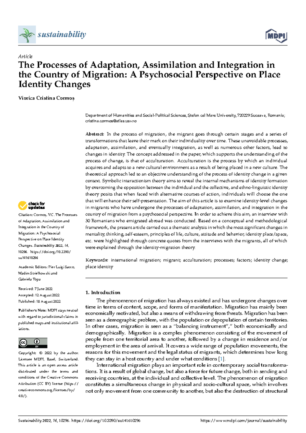Sustainability 14 10296 v2 - Citation: Cormos, , V. The Processes of ...